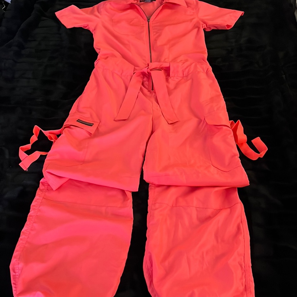 Hot Pink Cargo Belted Pantsuit M Short Sleeve Jumper … - Gem